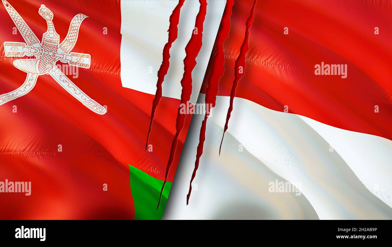 Oman and Indonesia flags with scar concept. Waving flag,3D rendering ...