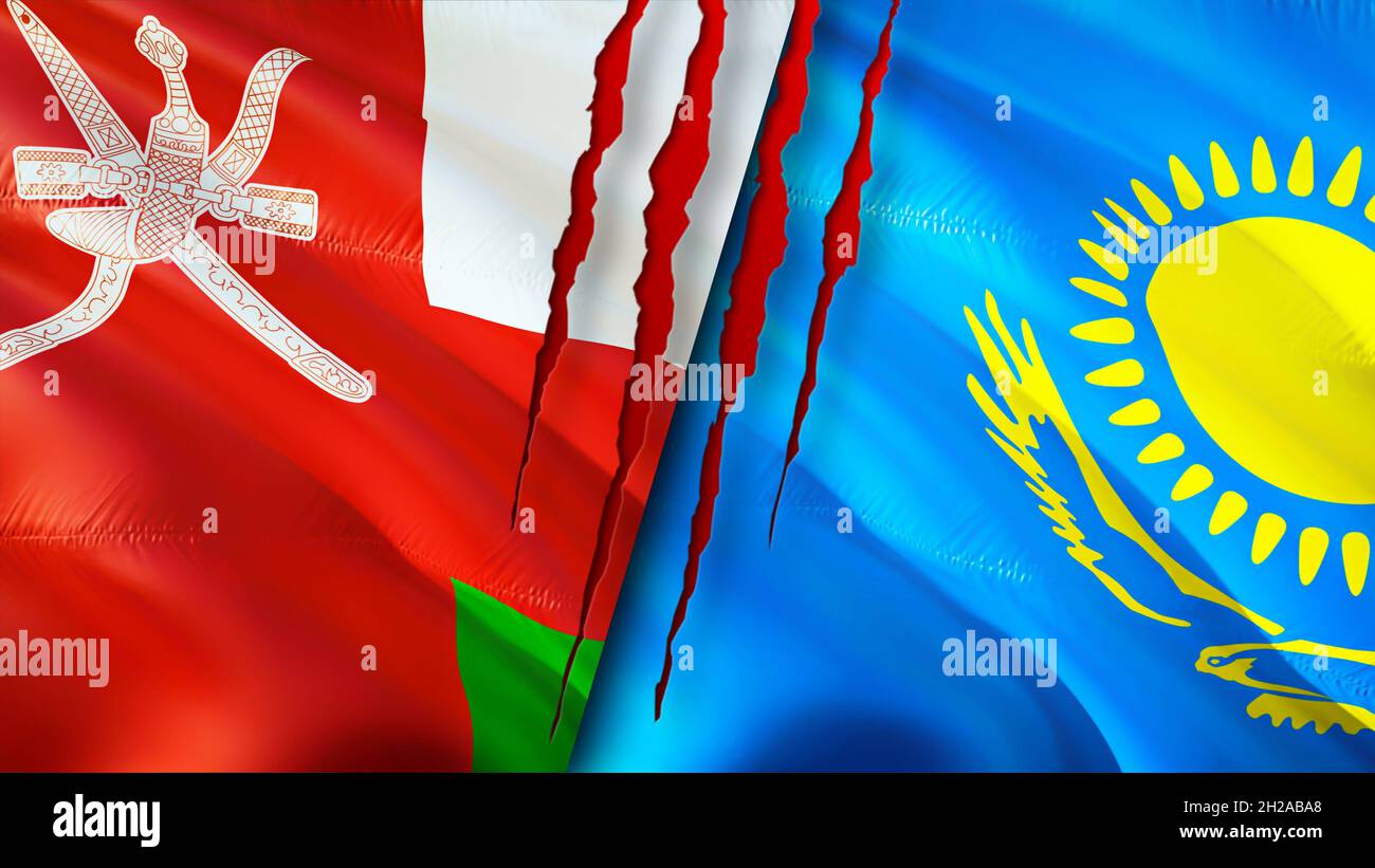 Oman and Kazakhstan flags with scar concept. Waving flag,3D rendering ...