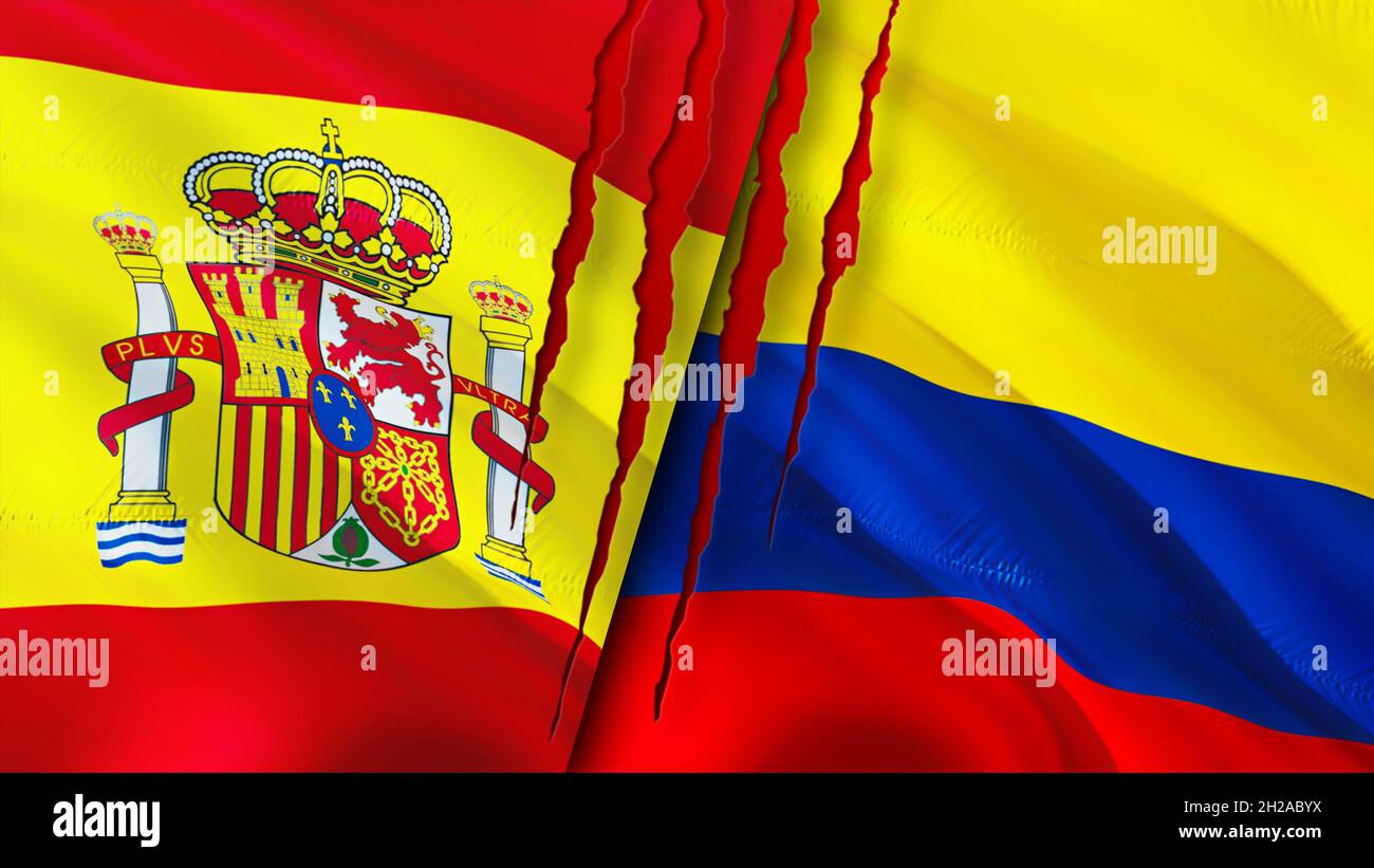 Spain and Colombia flags with scar concept. Waving flag,3D rendering ...