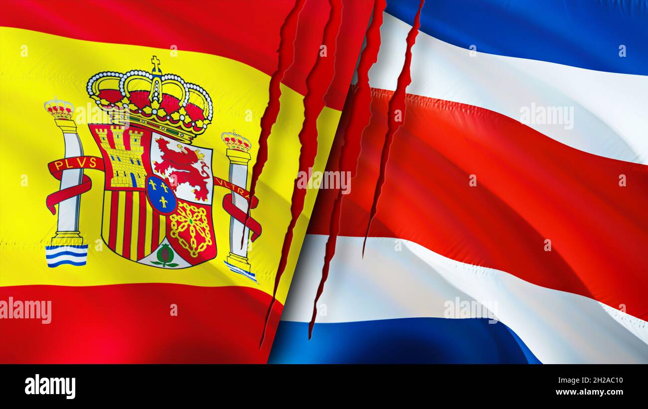 Spain and Costa Rica flags with scar concept. Waving flag,3D rendering ...