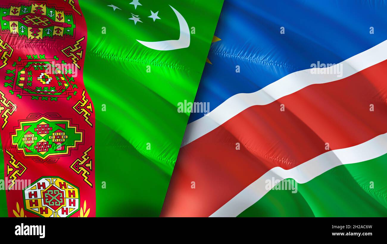 Turkmenistan and Namibia flags. 3D Waving flag design. Turkmenistan ...