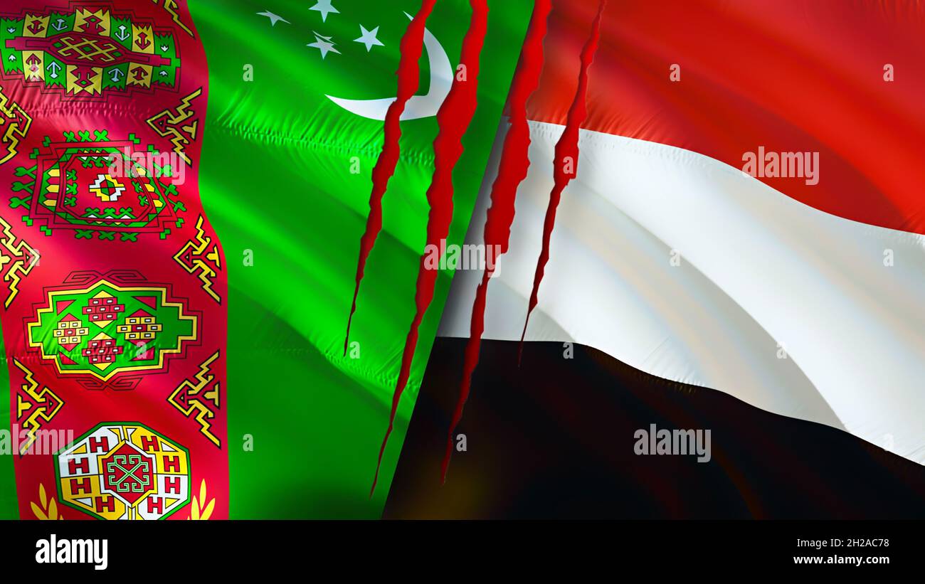 Turkmenistan and Yemen flags with scar concept. Waving flag 3D ...