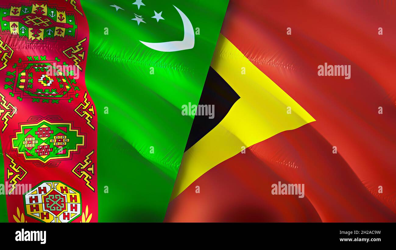Turkmenistan and East Timor flags. 3D Waving flag design. Turkmenistan ...