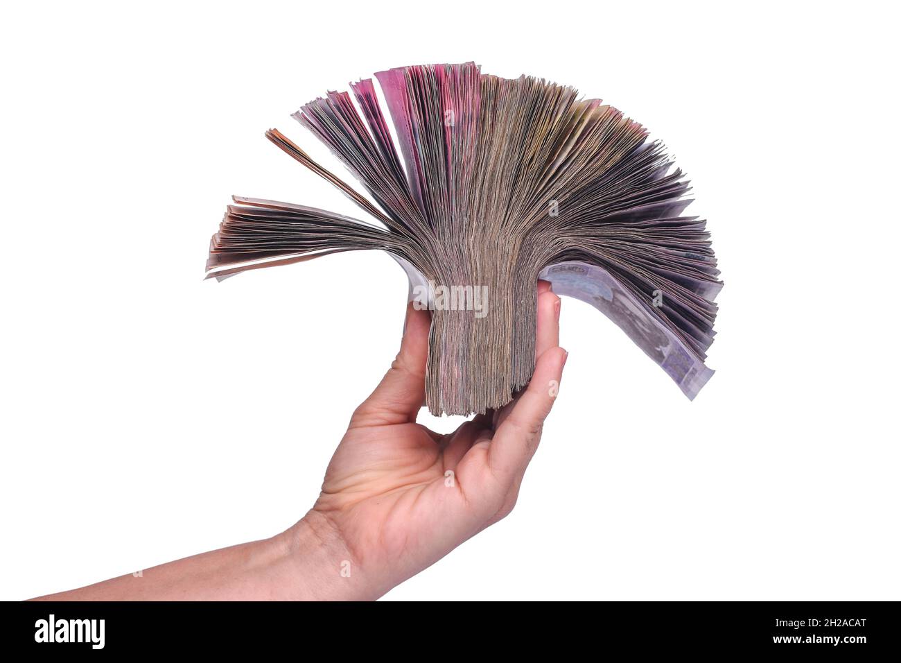 a wad of banknotes in her hand on a white background Stock Photo - Alamy