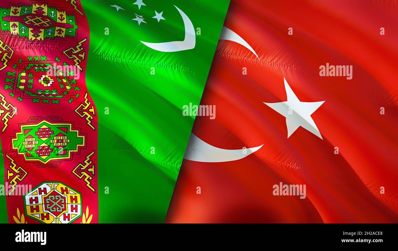 Turkmenistan and Turkey flags. 3D Waving flag design. Turkmenistan ...