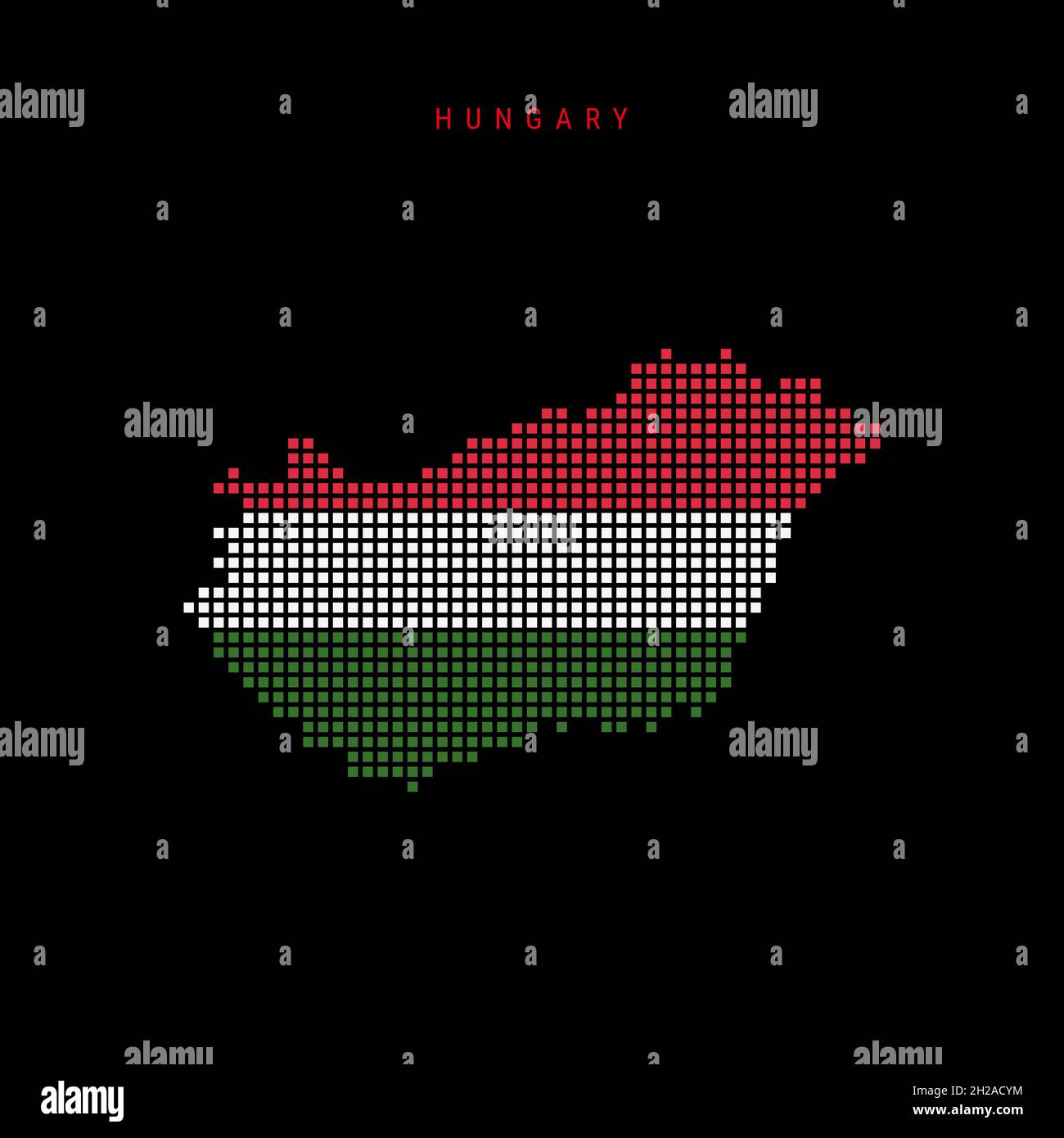 Square dots pattern map of Hungary. Dotted pixel map with national flag colors isolated on black ...