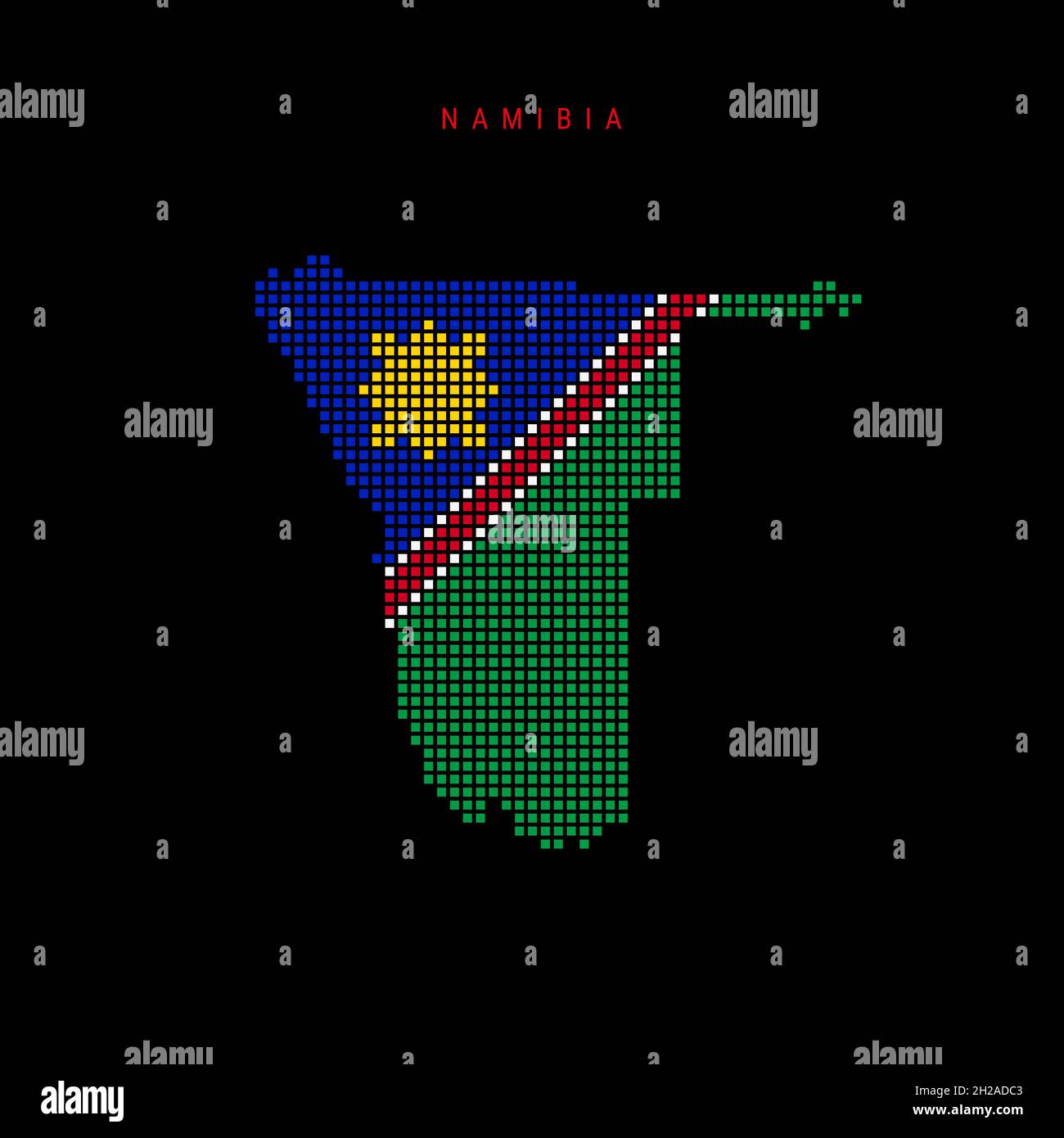 Square dots pattern map of Namibia. Dotted pixel map with national flag colors isolated on black ...