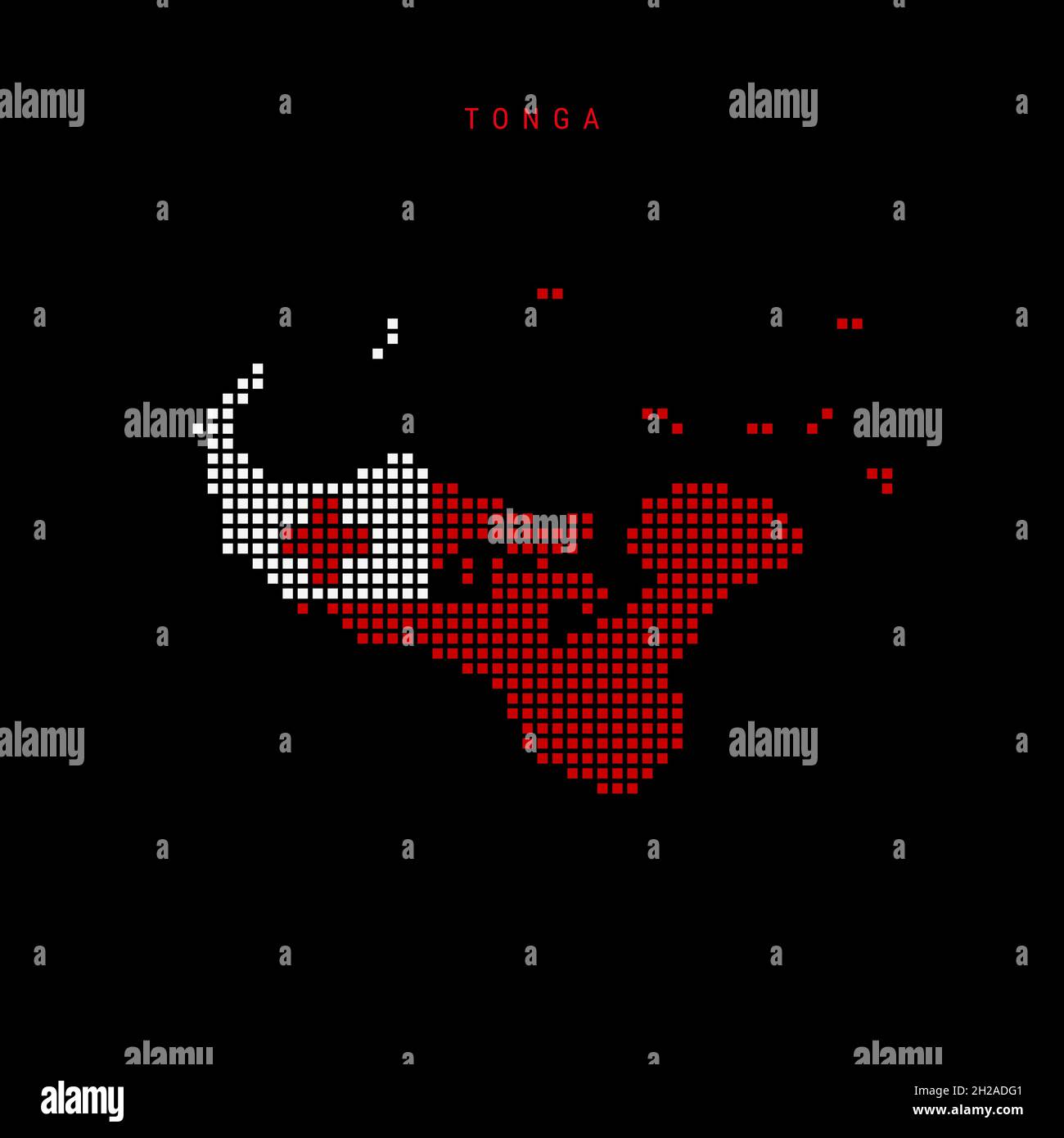Square dots pattern map of Tonga. Dotted pixel map with national flag colors isolated on black ...