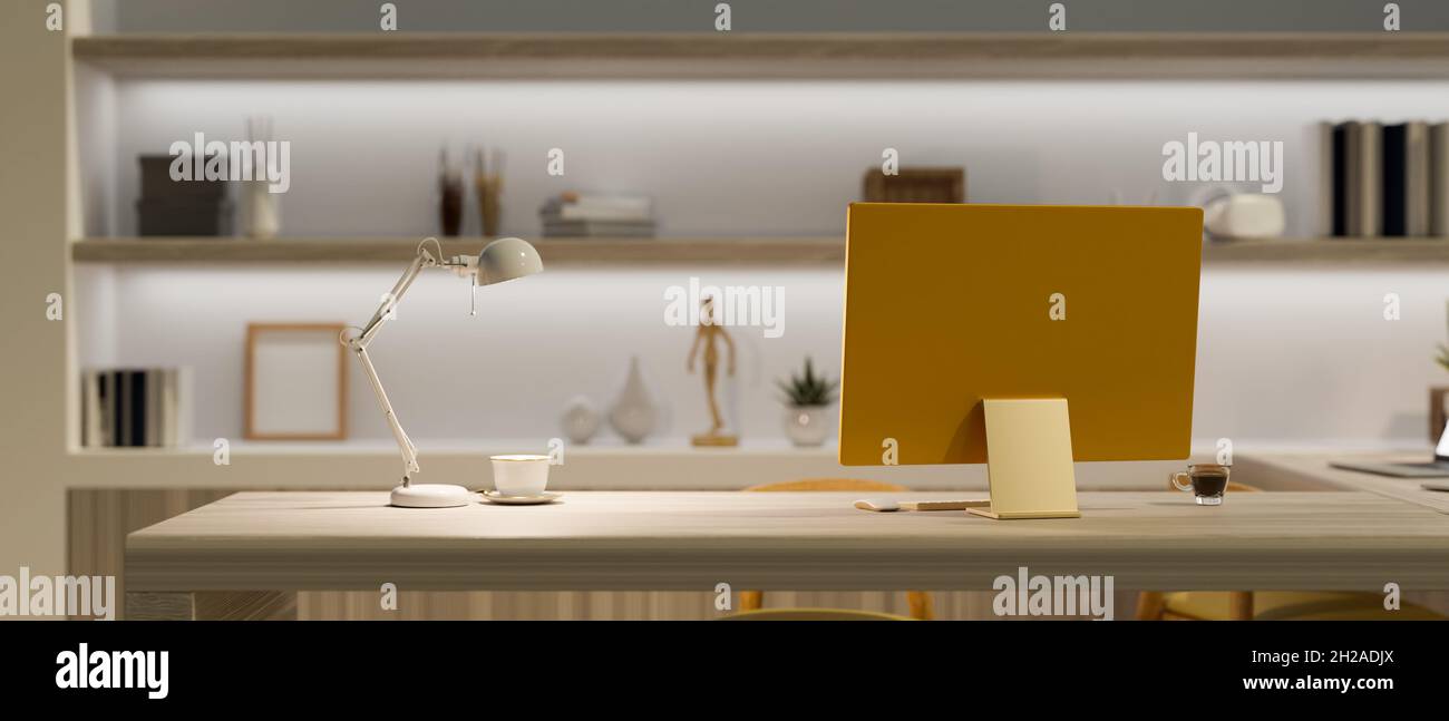 Modern luxury computer desk in home office with modern built in shelves ...