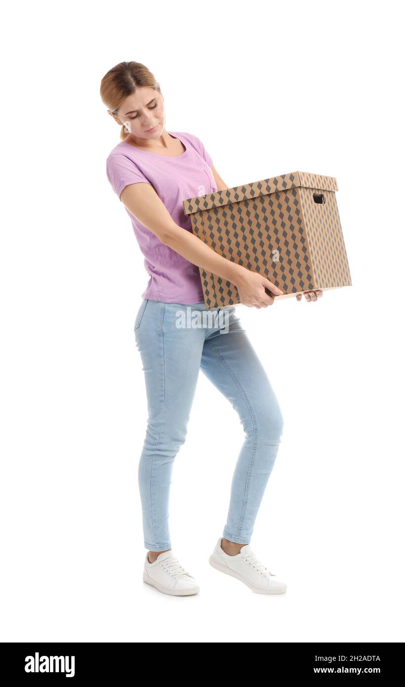 Full length portrait of woman carrying carton box on white background ...