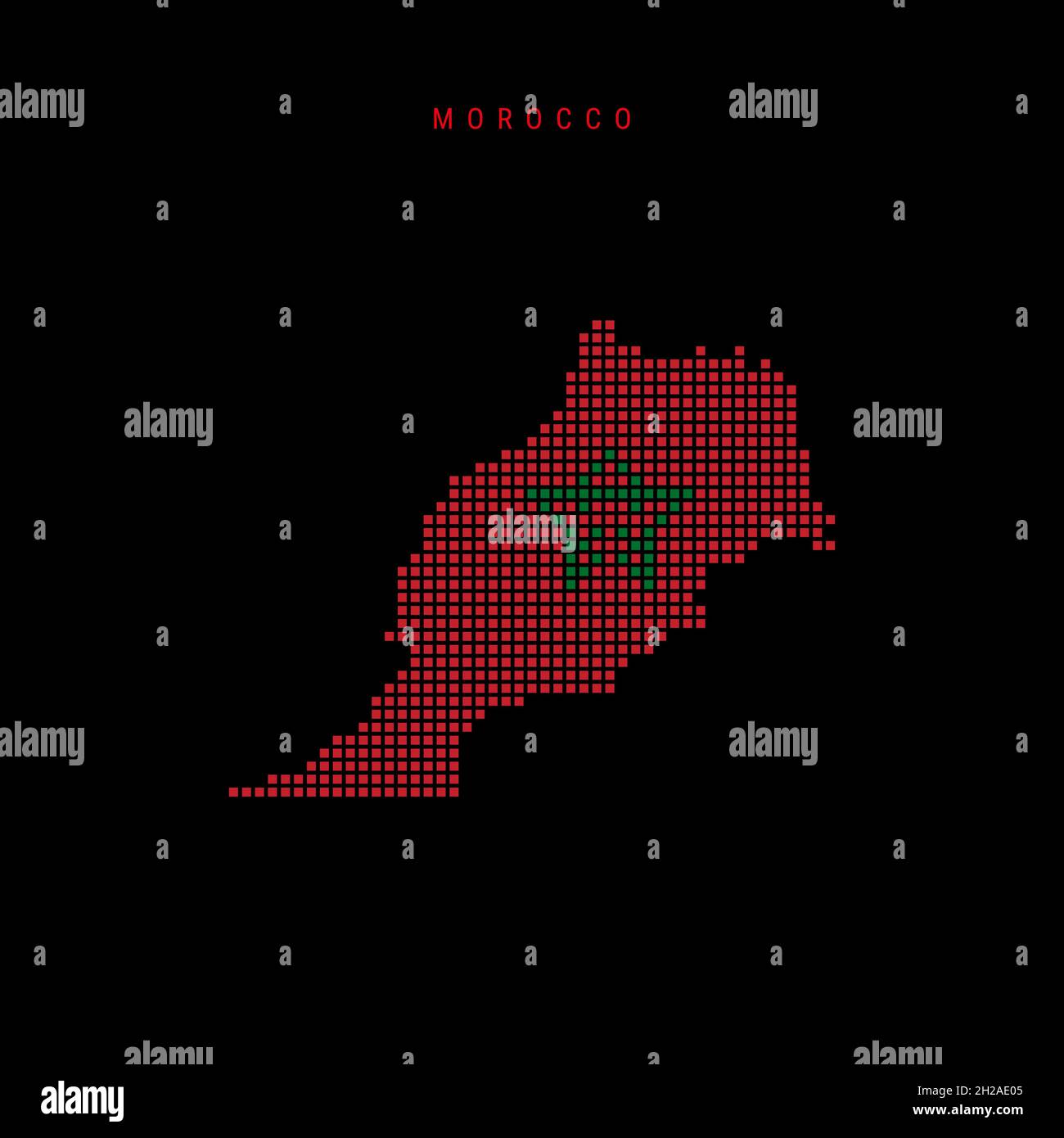 Square dots pattern map of Morocco. Dotted pixel map with national flag colors isolated on black ...