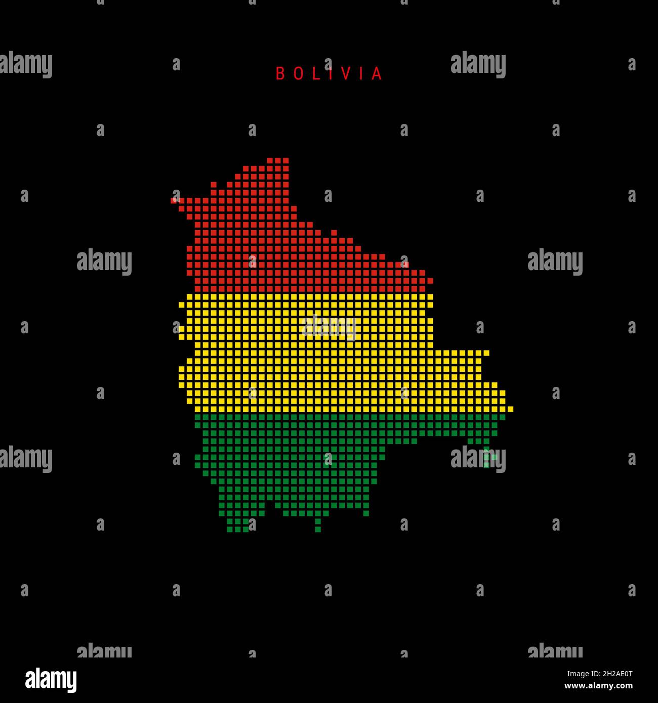 Square dots pattern map of Bolivia. Dotted pixel map with national flag colors isolated on black ...