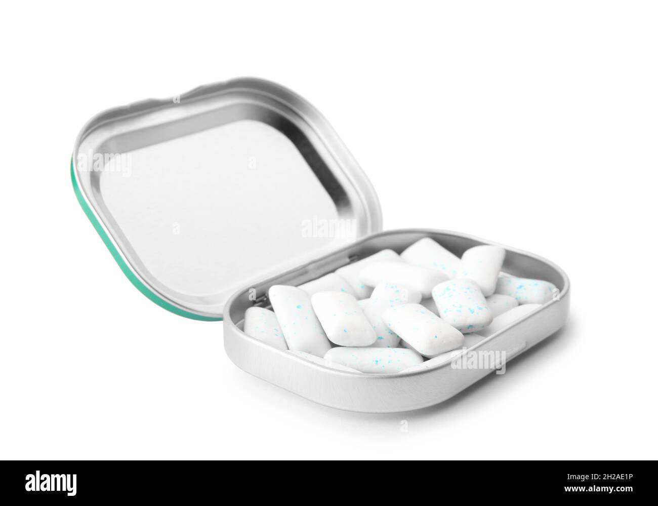 Open box with tasty mint gums on white background Stock Photo - Alamy