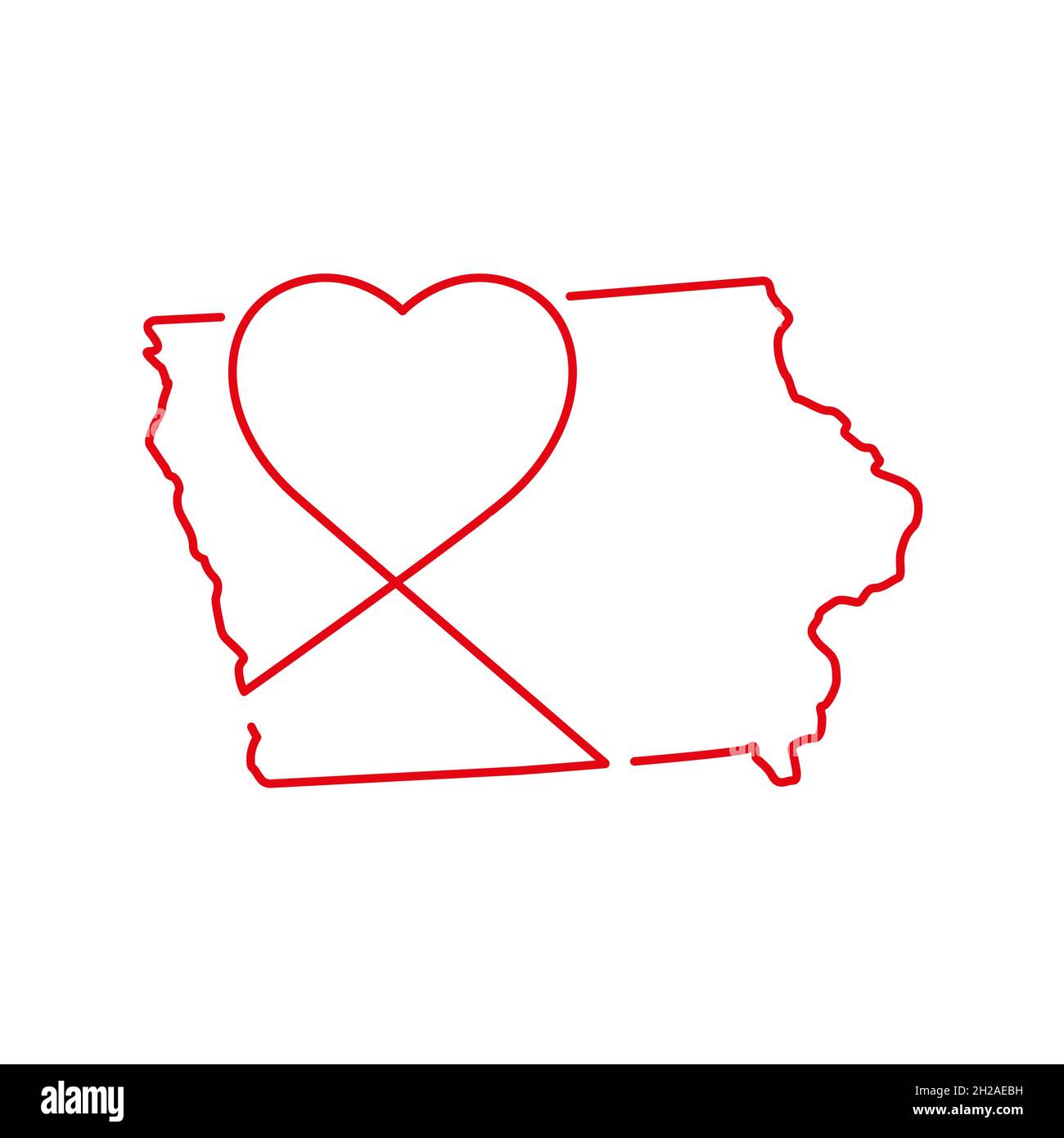 Iowa US state red outline map with the handwritten heart shape ...