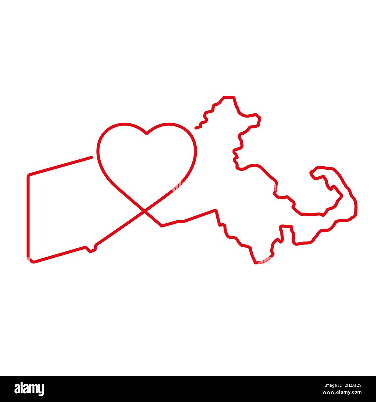Massachusetts US state red outline map with the handwritten heart shape ...