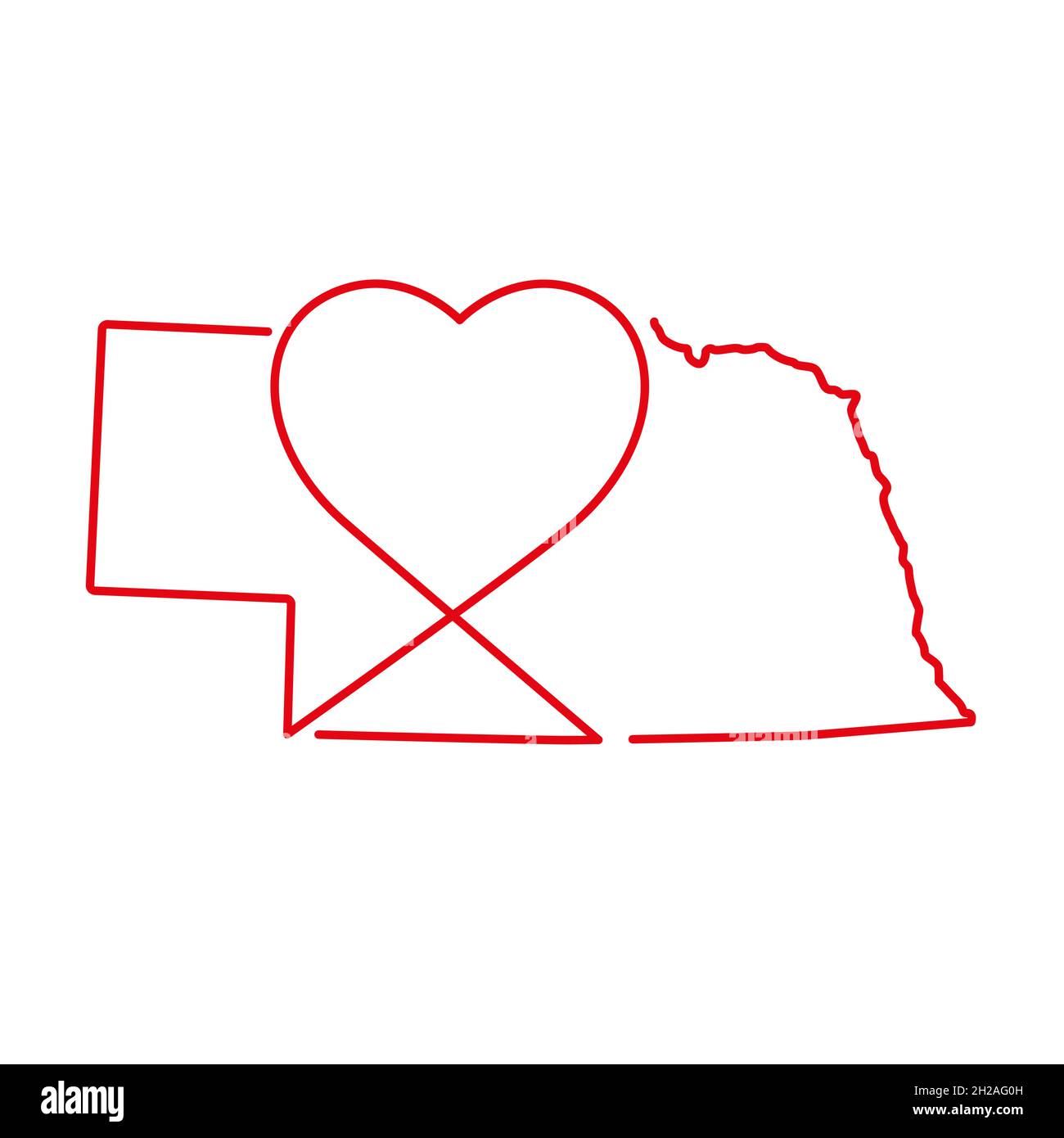 Nebraska US state red outline map with the handwritten heart shape ...
