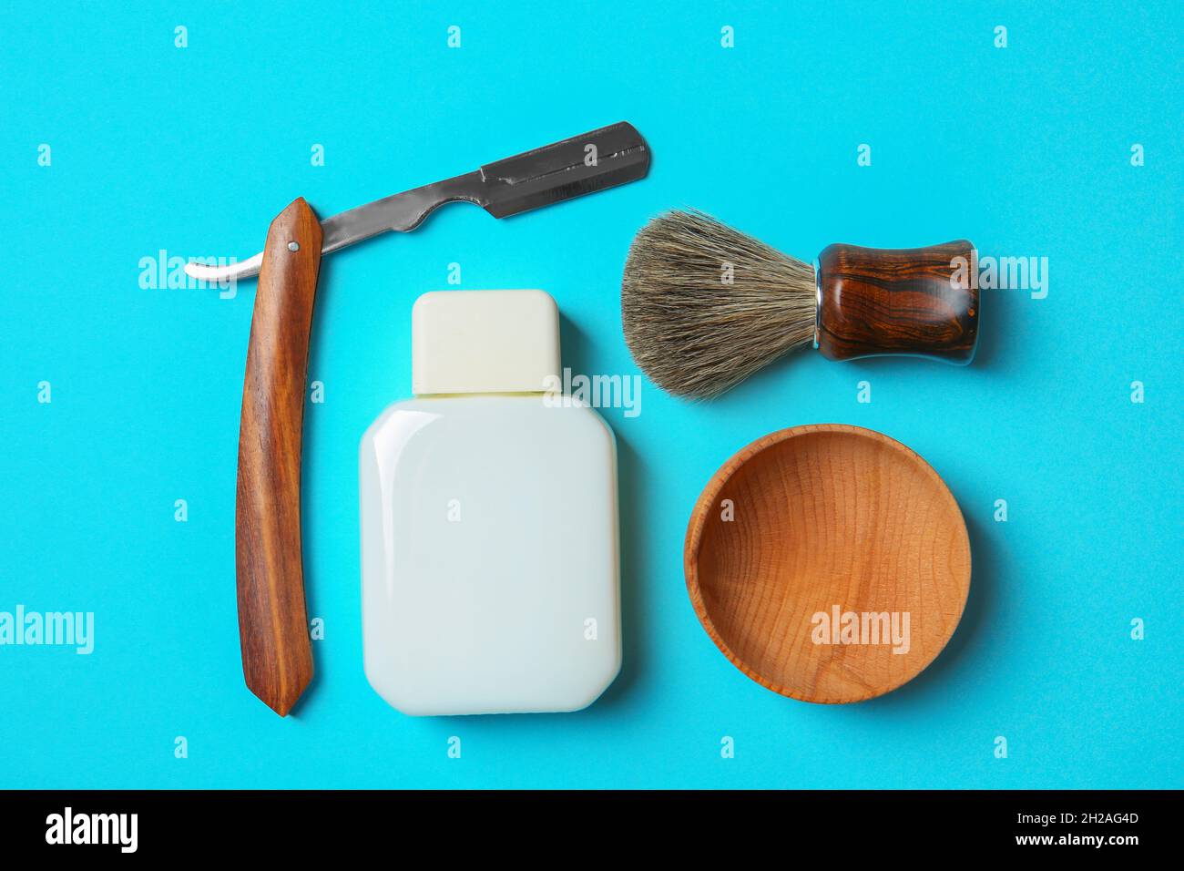 Flat lay composition with shaving accessories for men on color ...