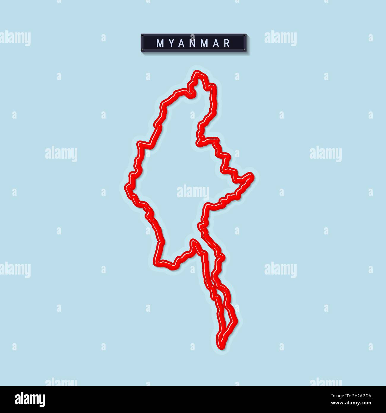 Myanmar bold outline map. Glossy red border with soft shadow. Country ...