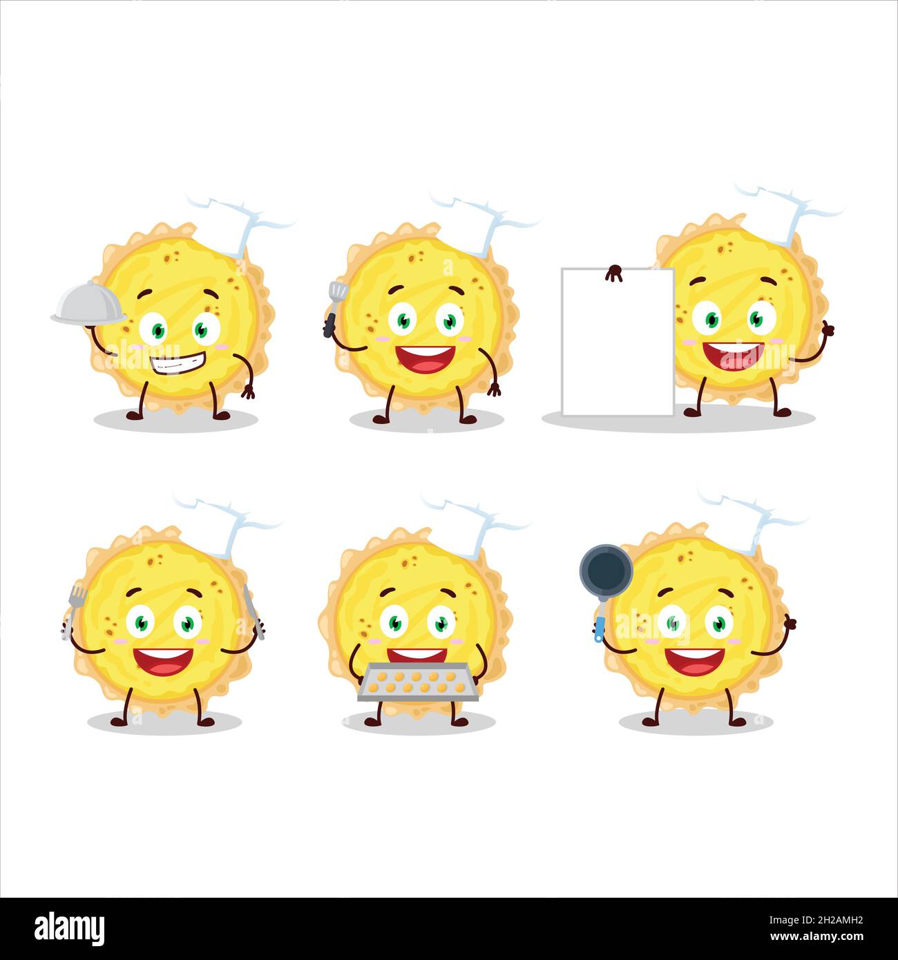 Cartoon character of cheese tart with various chef emoticons. Vector ...