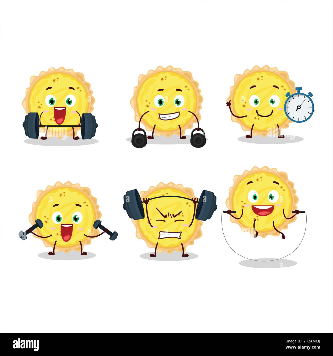 A healthy cheese tart cartoon style trying some tools on Fitness center ...