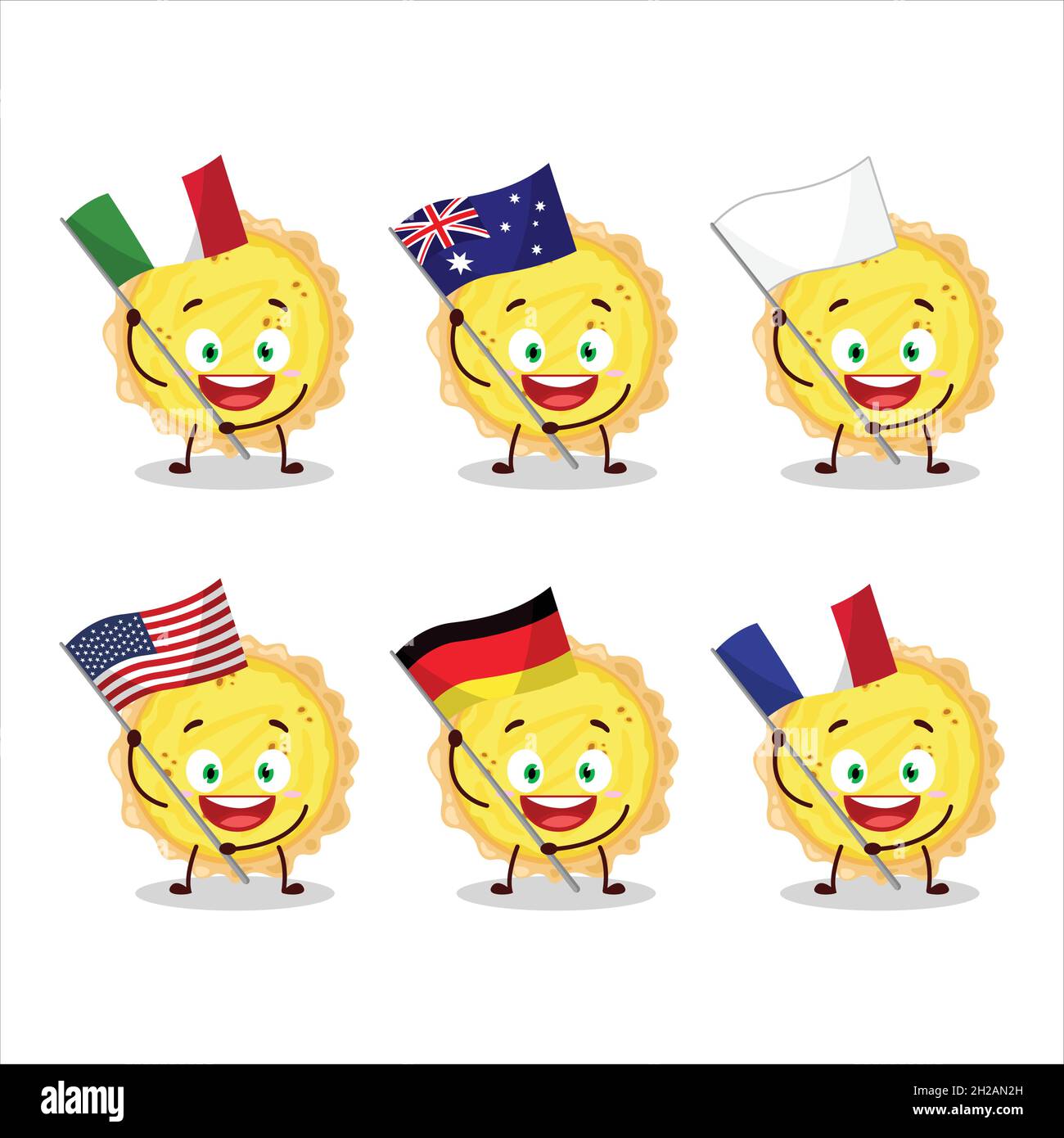 Cheese tart cartoon character bring the flags of various countries ...