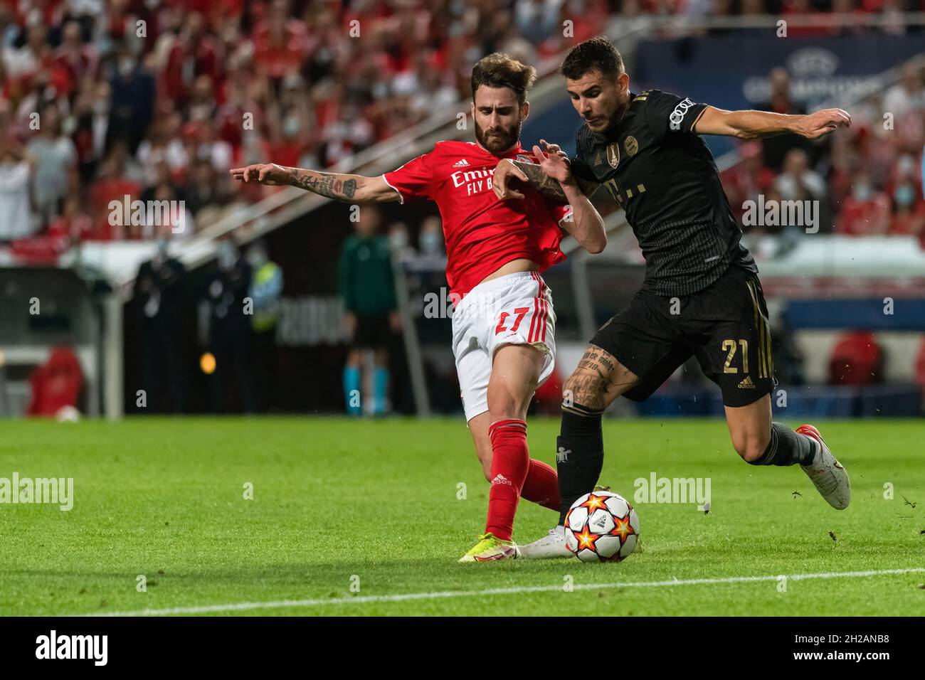 Lisbon, Portugal. 20th Oct, 2021. Rafa Silva of SL Benfica (left) and Lucas Hernandez (right) of ...