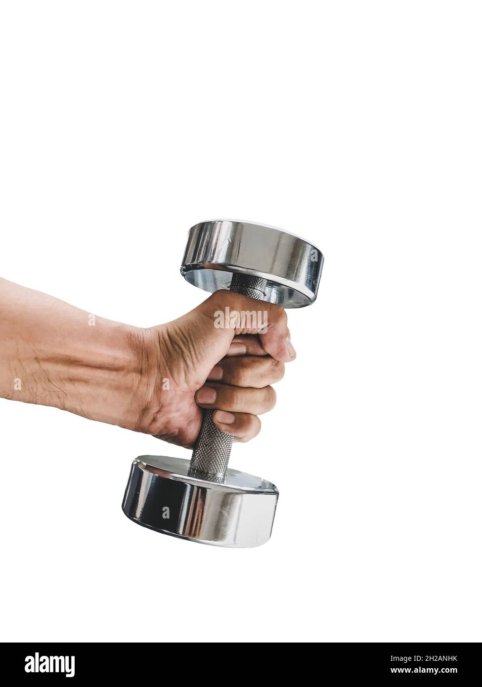 Men hand holding a dumbbell isolated on white background, with clipping ...