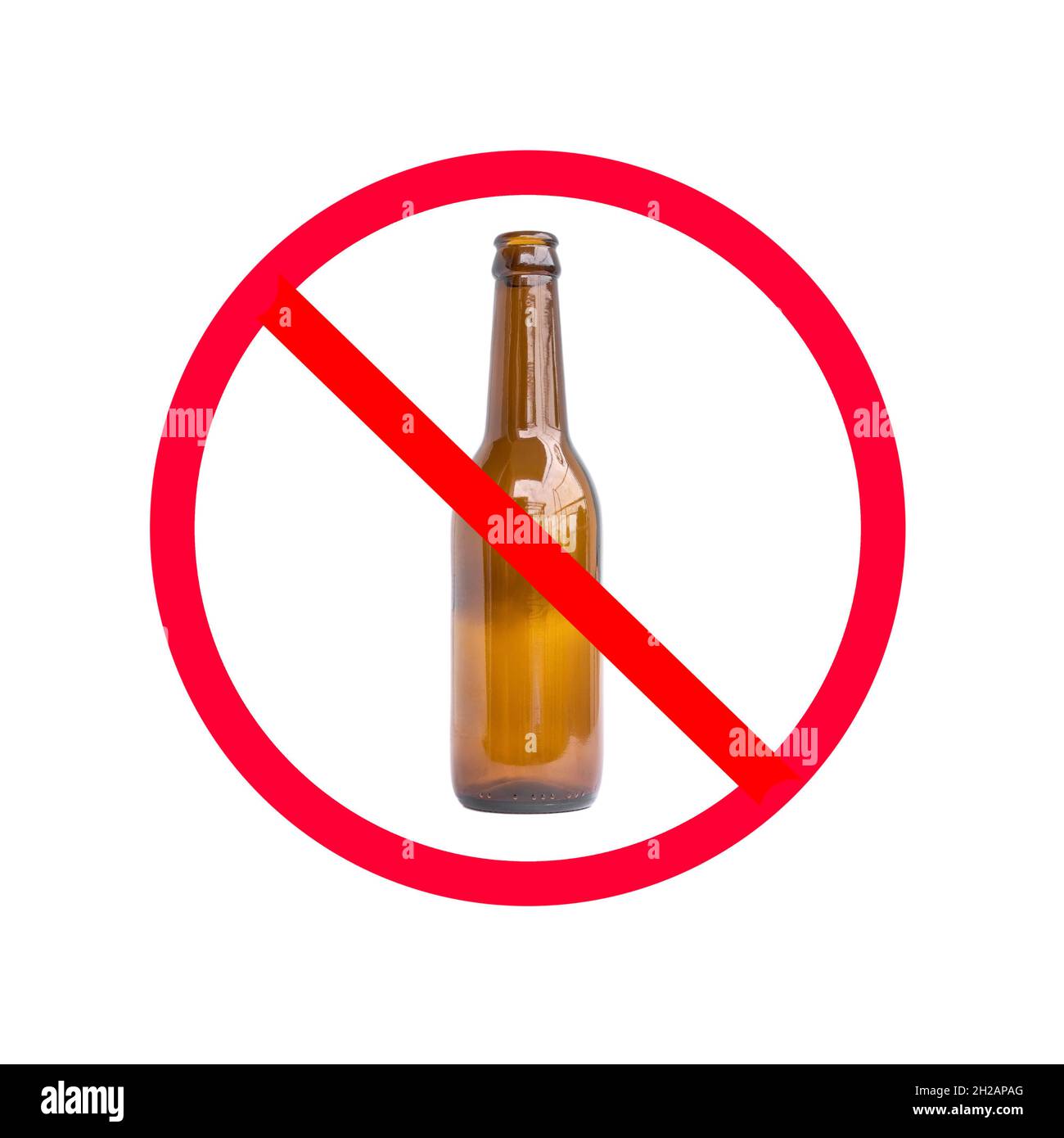 The red circle with slash on the glass bottle of alcohol on white ...