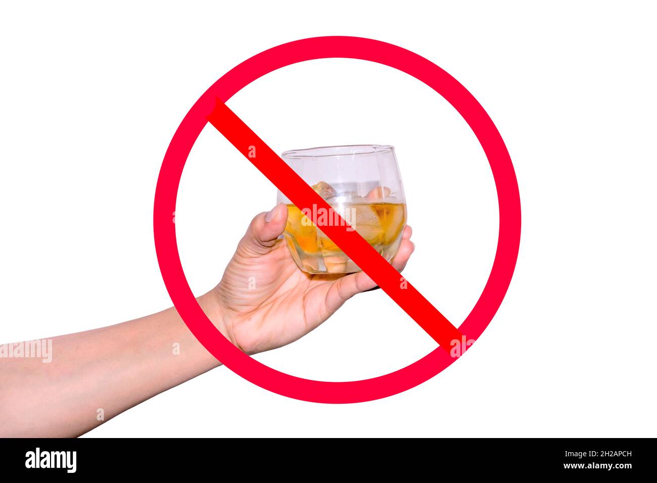 The red circle with slash on woman's hand holding a glass of wine with ...