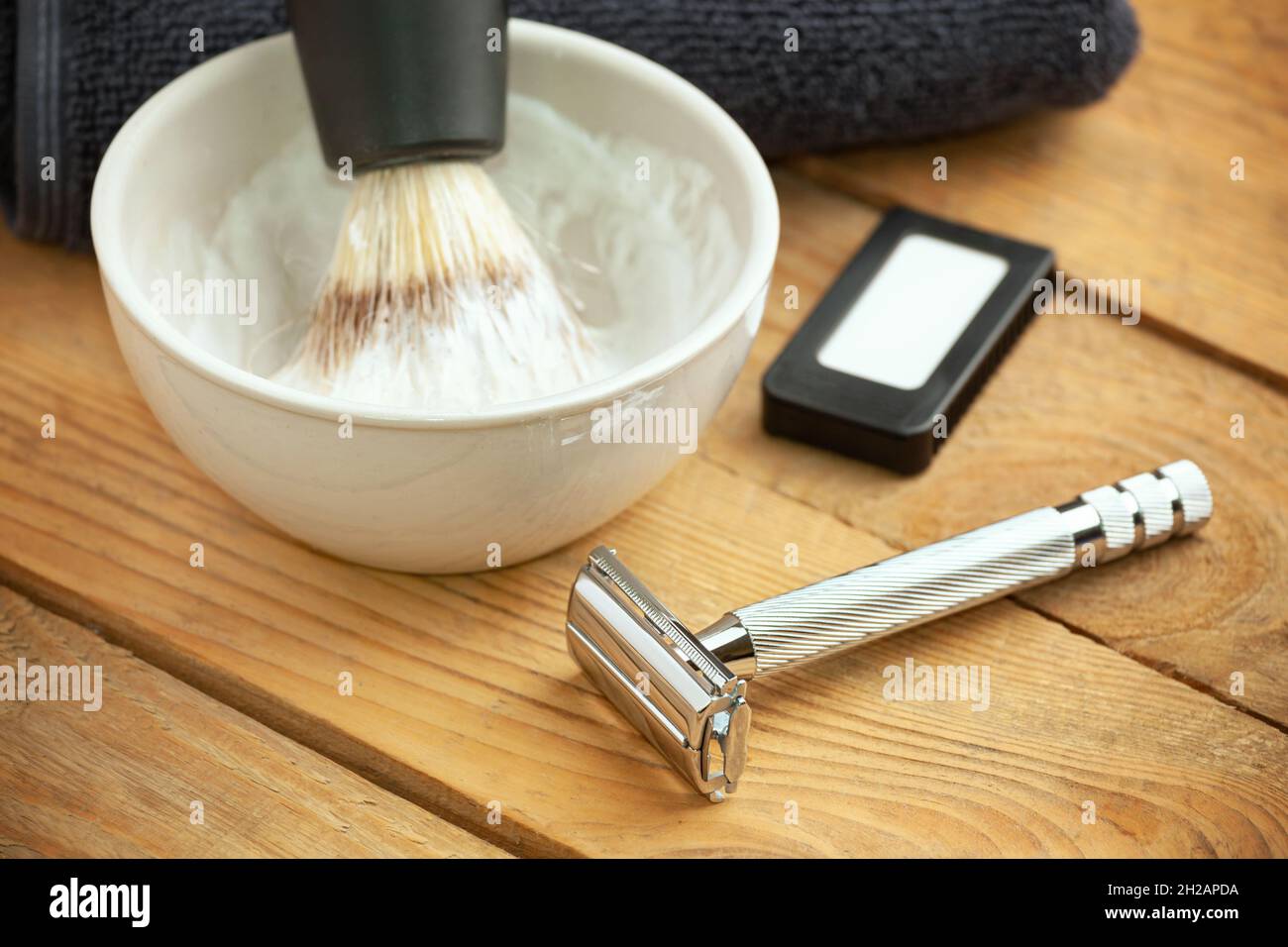 Set of accessories for classic men's wet shaving Stock Photo - Alamy