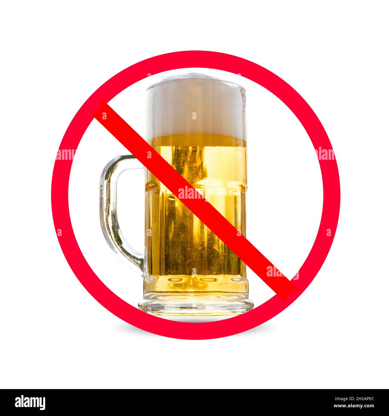 The red circle with slash on glass of beer isolated on white background ...