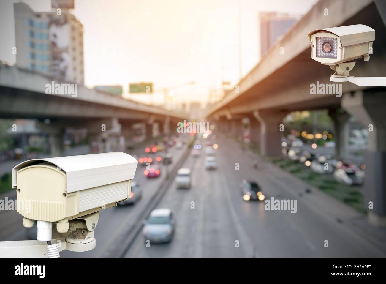 Closeup of traffic security camera surveillance (CCTV) on the road in ...