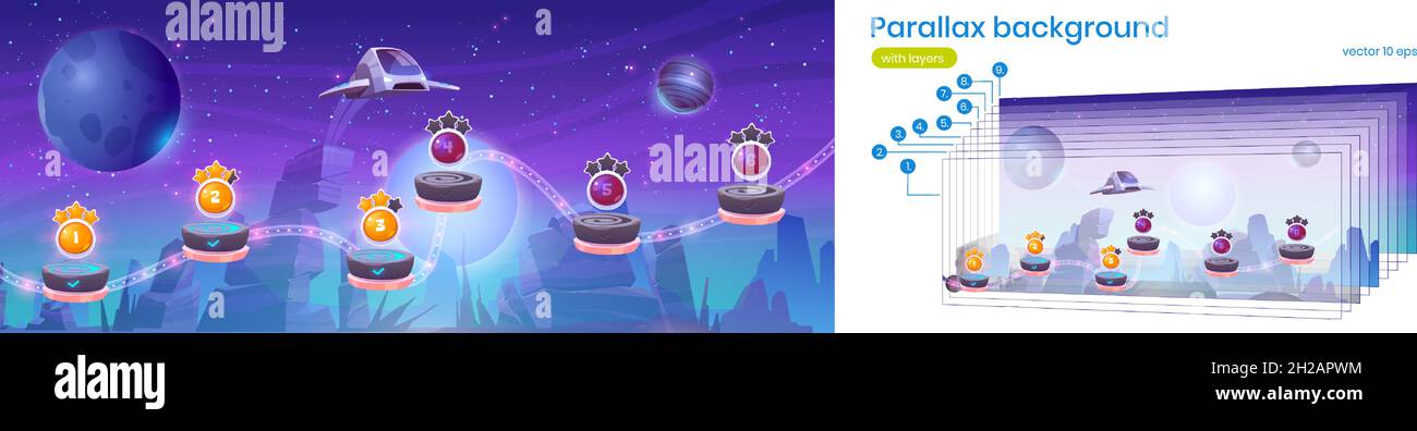 Space game level map with platforms, alien landscape, flying spaceship ...
