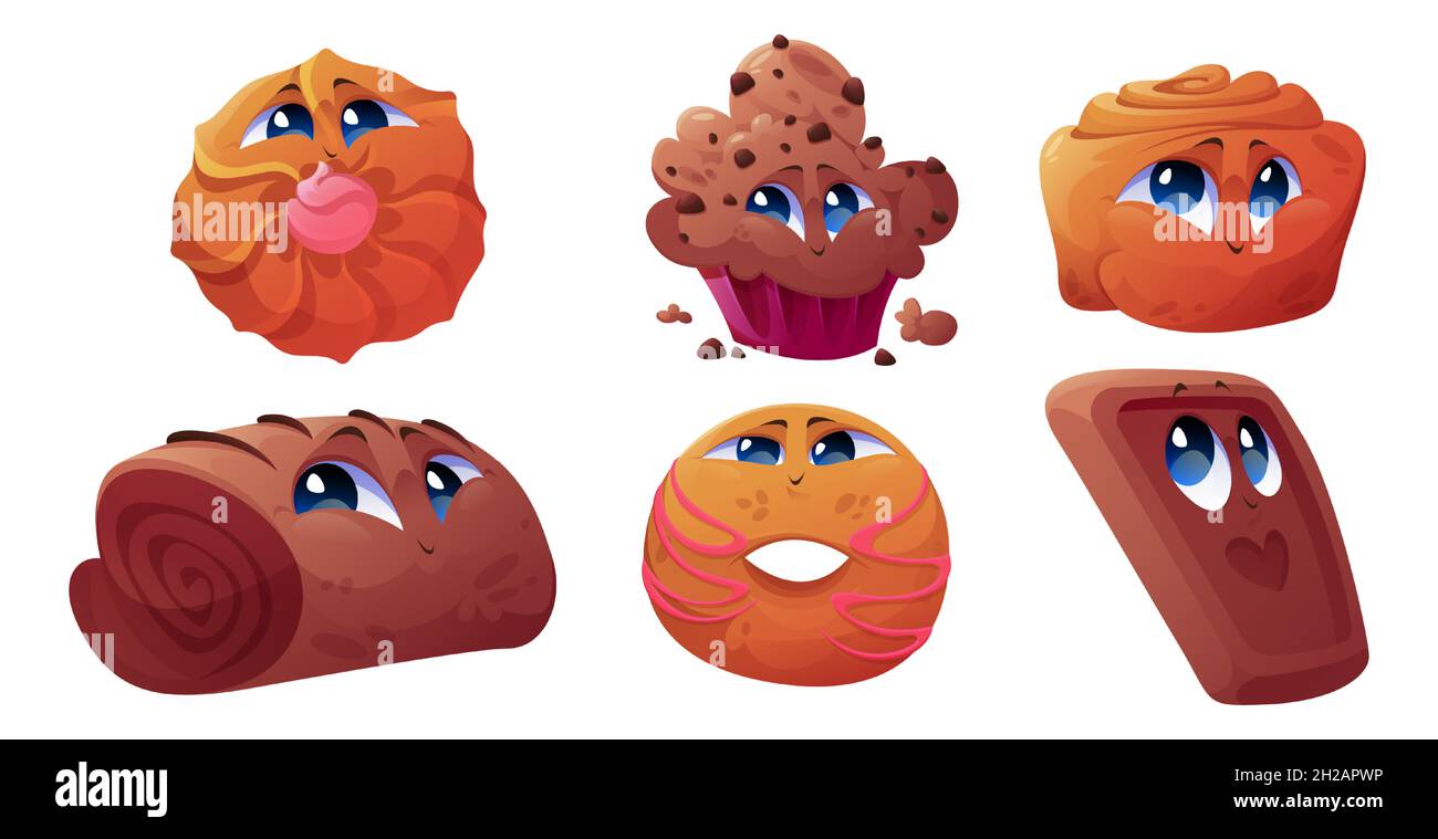 Cute bakery characters, donut, cake, chocolate cookie and roll. Vector ...