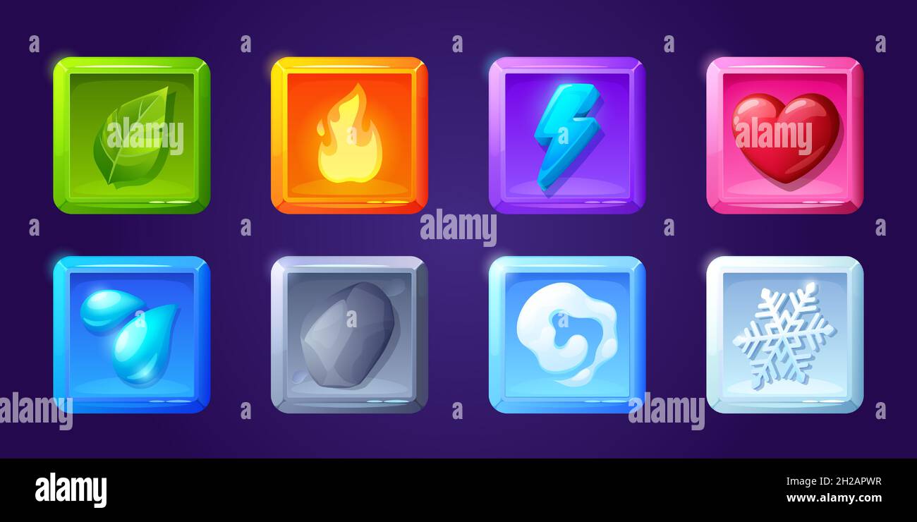 Game ui app icons, square buttons, cartoon menu interface 2d gui graphic design elements. Green ...