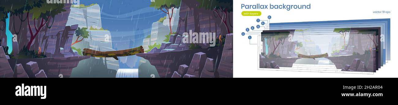 Parallax background log bridge between mountains above cliff at rainy ...