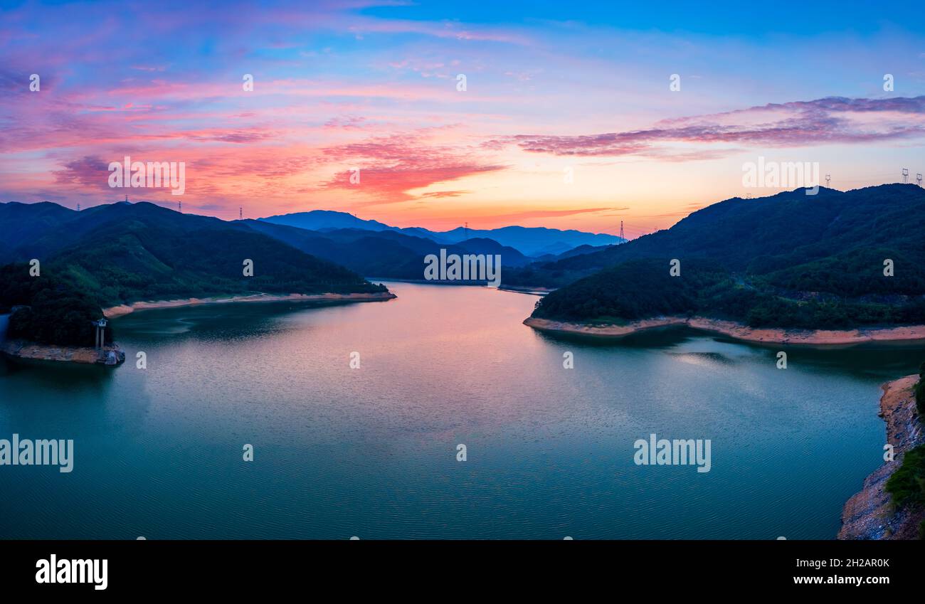Mountain and forest with river natural scenery at sunrise in Hemu ...