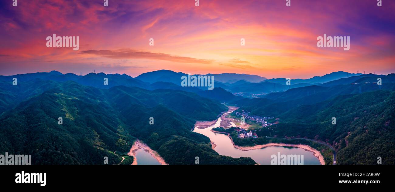 Mountain and forest with river natural scenery at sunrise in Hemu ...