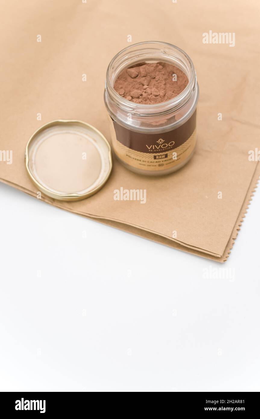 COMO, ITALY - Oct 20, 2021: sweet and tasty raw organic cocoa powder in ...