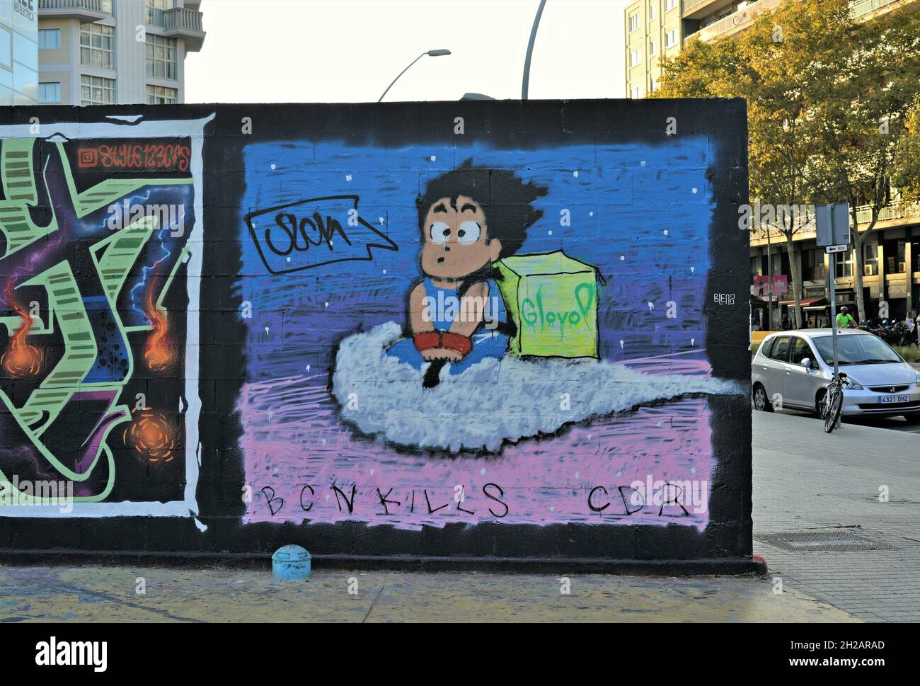 Graffiti and murals in the Tres Torres del Parallel Park in Barcelona ...