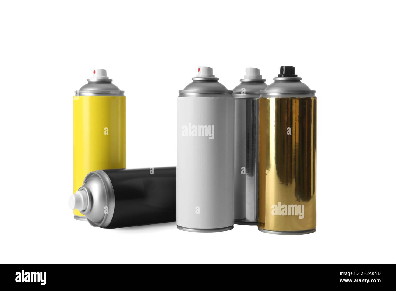 Cans of different spray paints on white background Stock Photo - Alamy