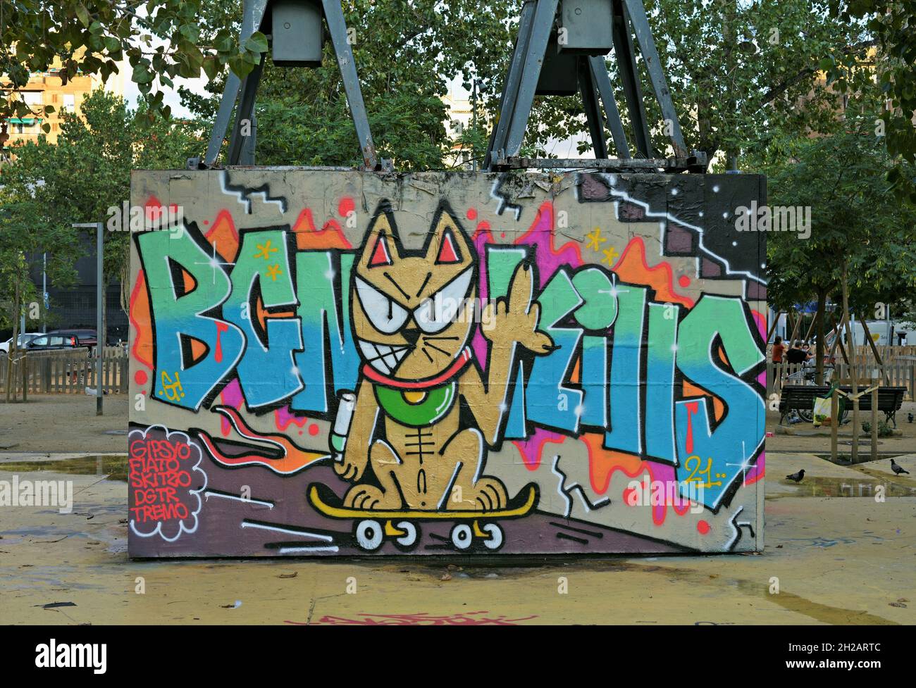 Graffiti and murals in the Tres Torres del Parallel Park in Barcelona ...