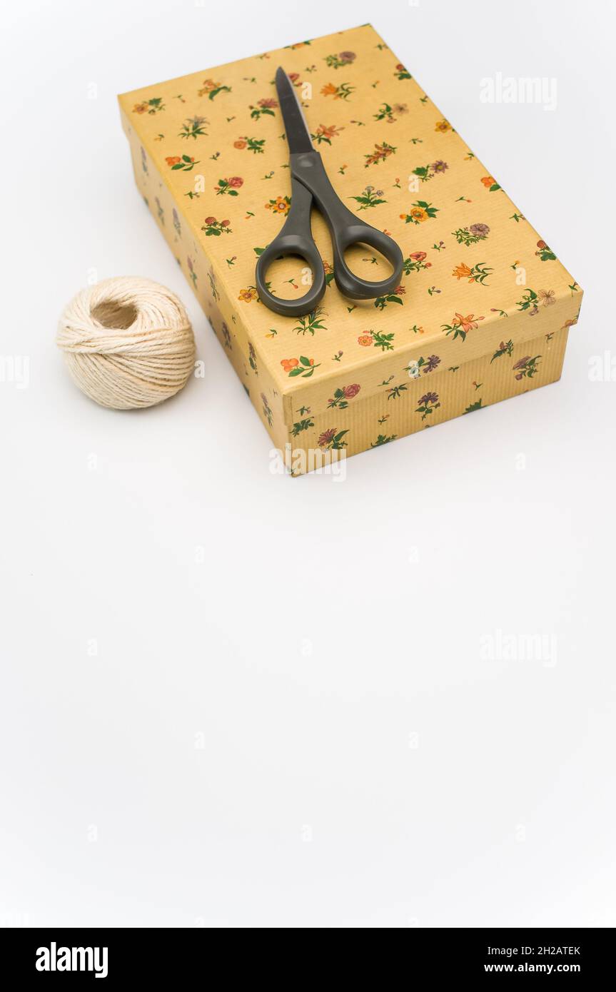 decorated paperboard box with lid decorative yarn and scissors o Stock ...
