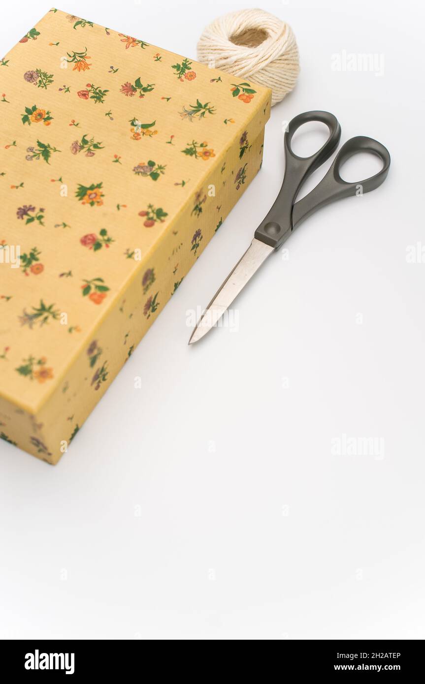 decorated paperboard box with lid decorative yarn and scissors o Stock ...