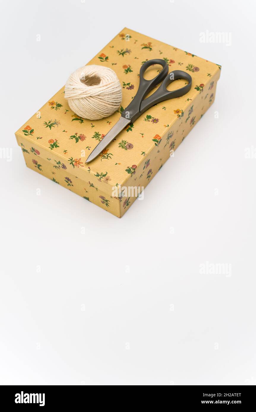 decorated paperboard box with lid decorative yarn and scissors o Stock ...