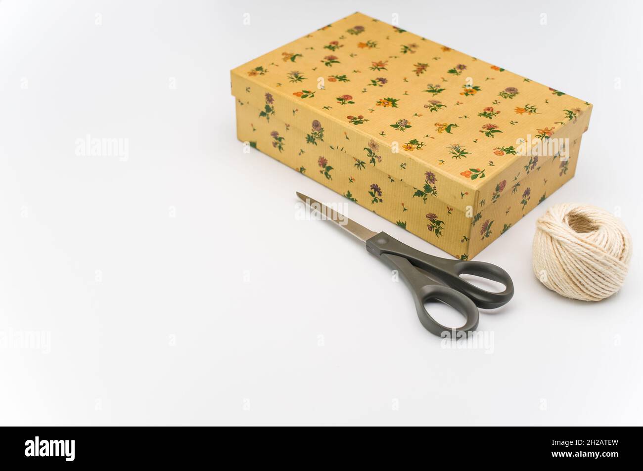 decorated paperboard box with lid decorative yarn and scissors o Stock ...