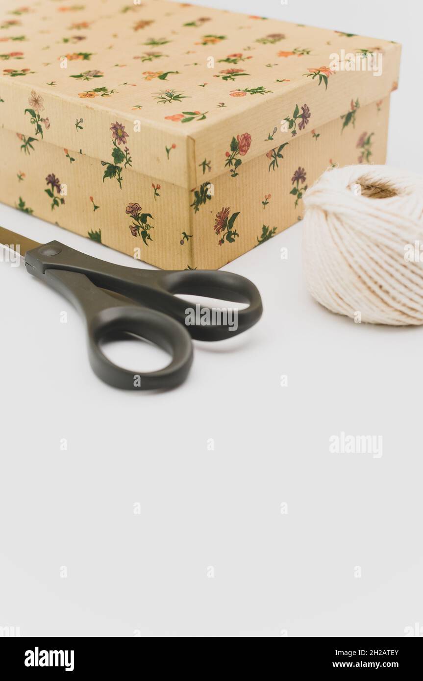decorated paperboard box with lid decorative yarn and scissors o Stock ...