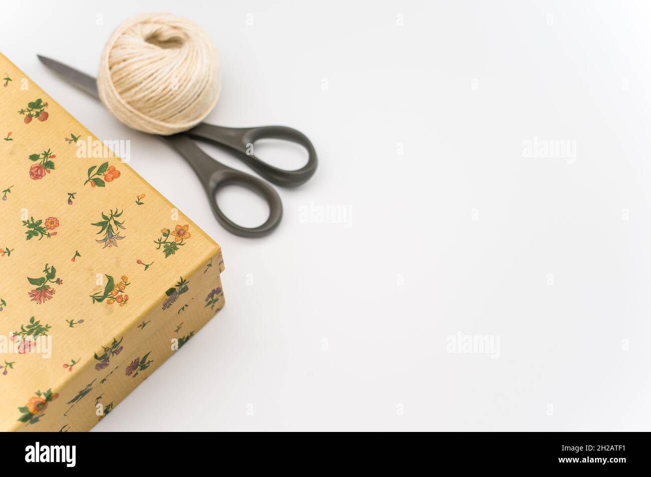 decorated paperboard box with lid decorative yarn and scissors o Stock ...