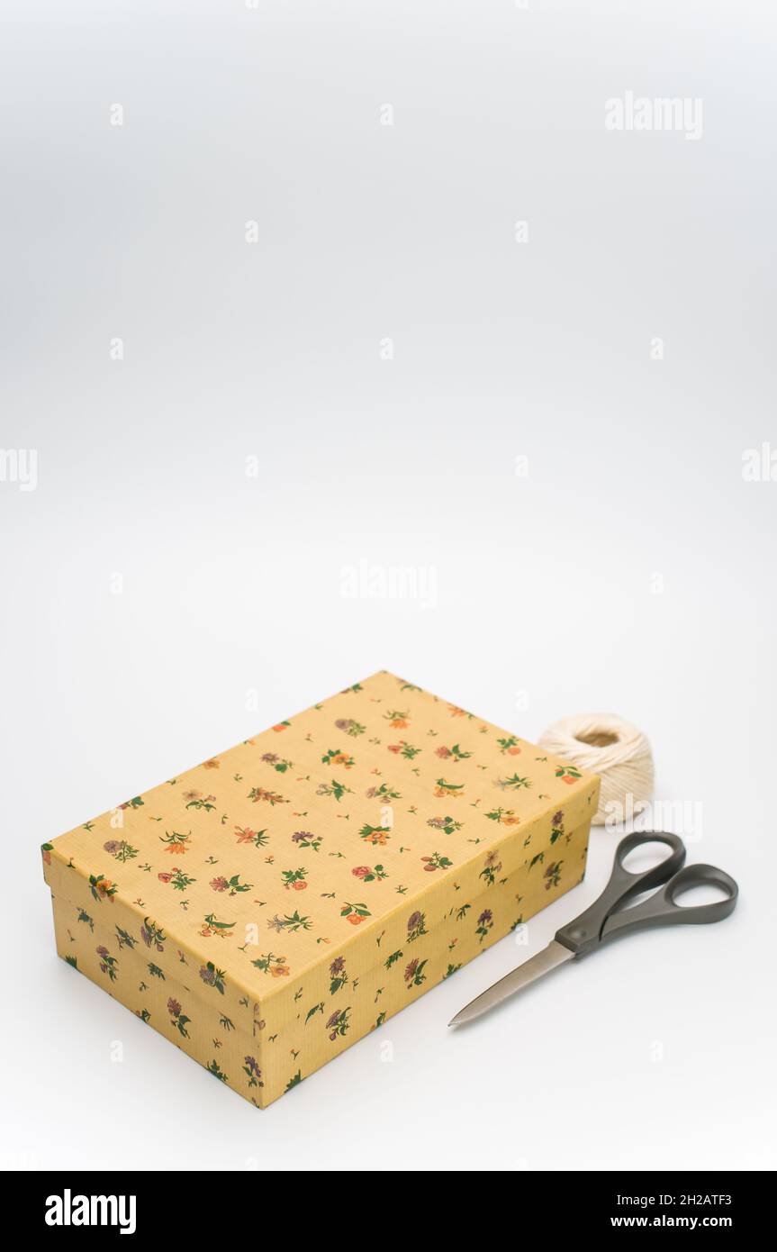 decorated paperboard box with lid decorative yarn and scissors o Stock ...
