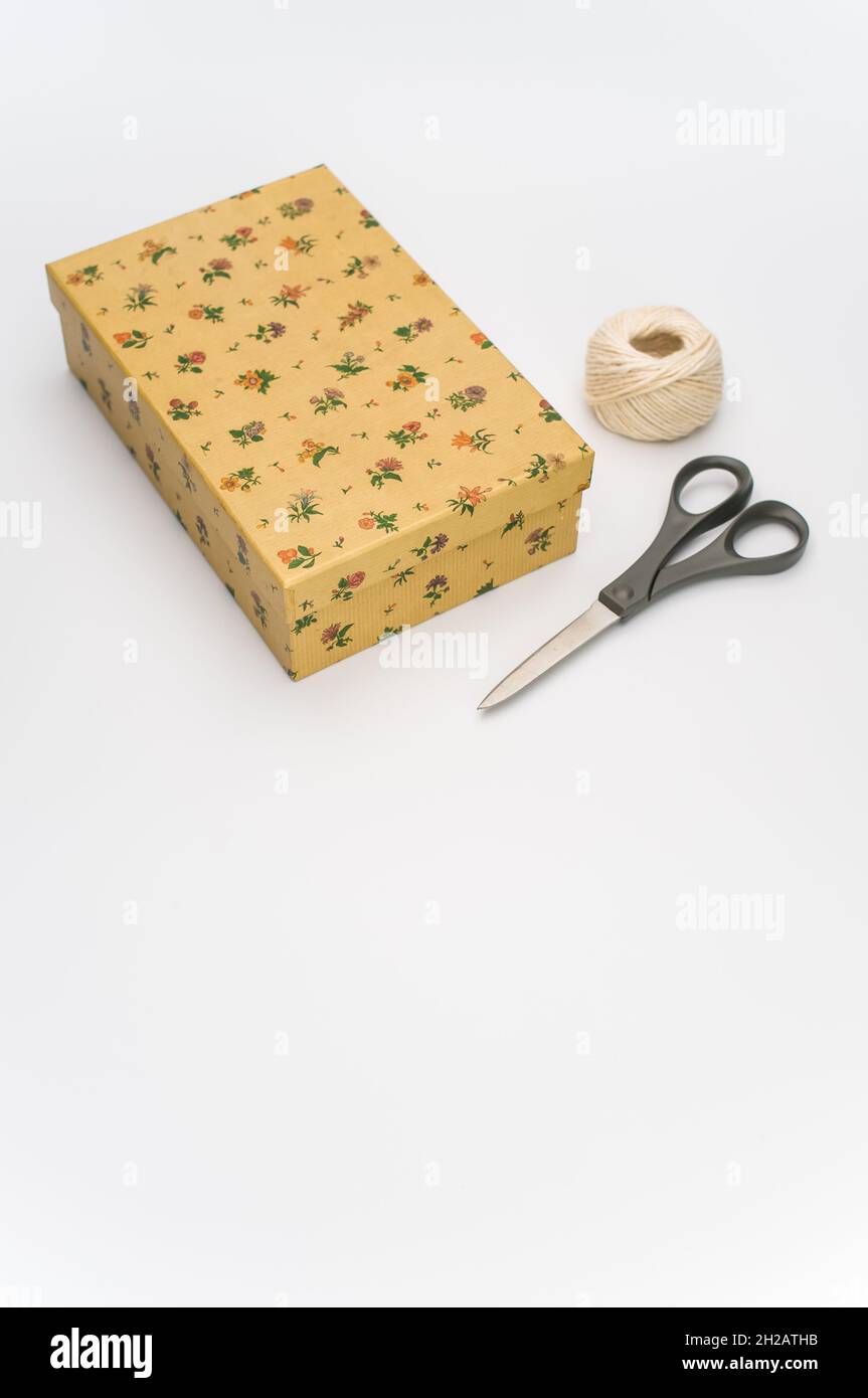 decorated paperboard box with lid decorative yarn and scissors o Stock ...